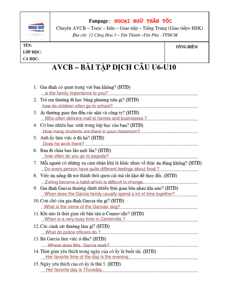 AVCB BÀI TẬP DỊCH CÂU U6 U10 | PDF