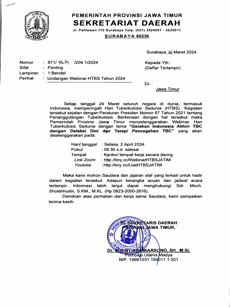 Surat Undangan Webinar HTBS 2024 Prov JATIM & KAK | PDF
