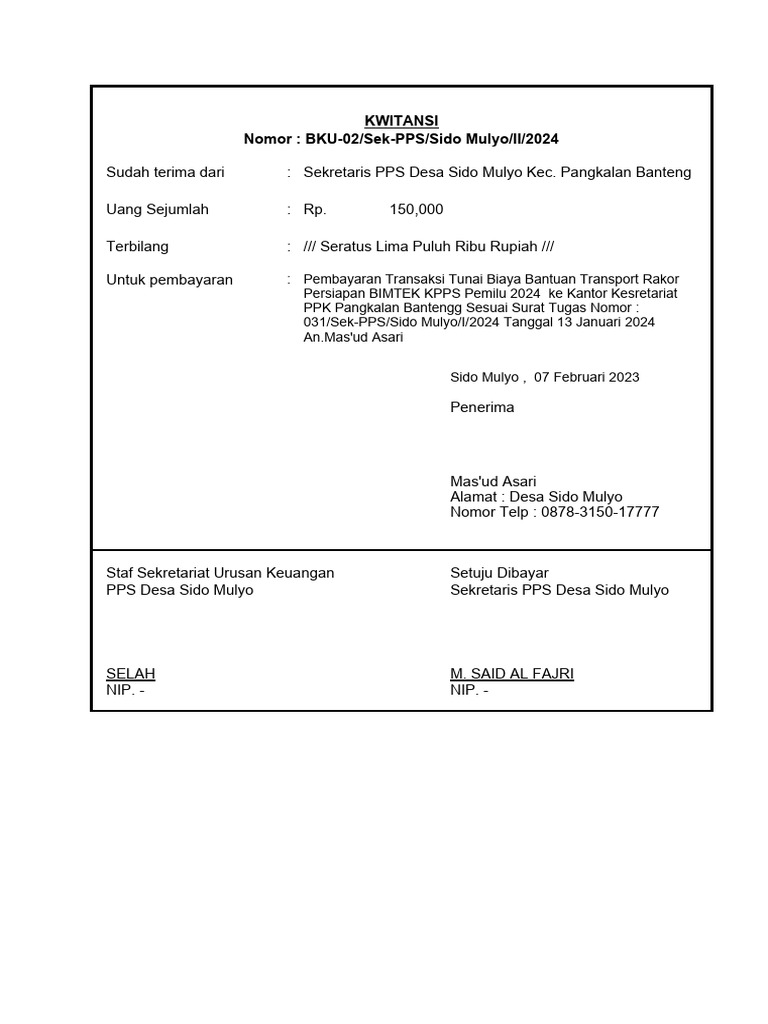 Kwitansi Pembayaran BIMTEK KPPS 2024 | PDF