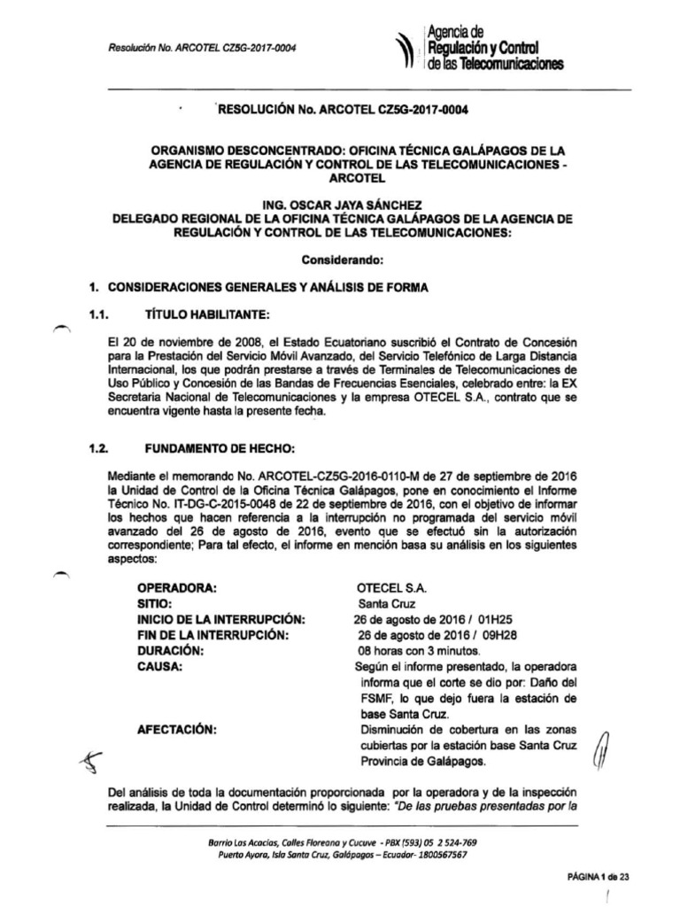 Resolucion ARCOTEL CZ5G 2017 0004 OTECEL S.A. | PDF | Multa (pena ...