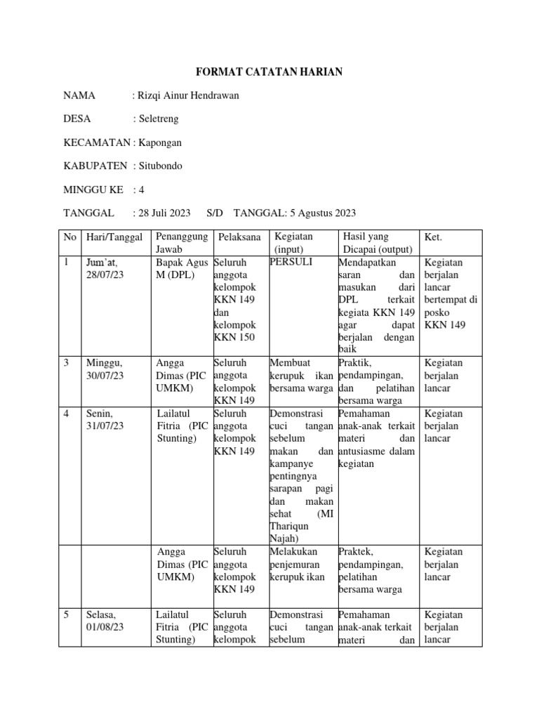 Contoh Format Logbook Kegiatan Harian | PDF