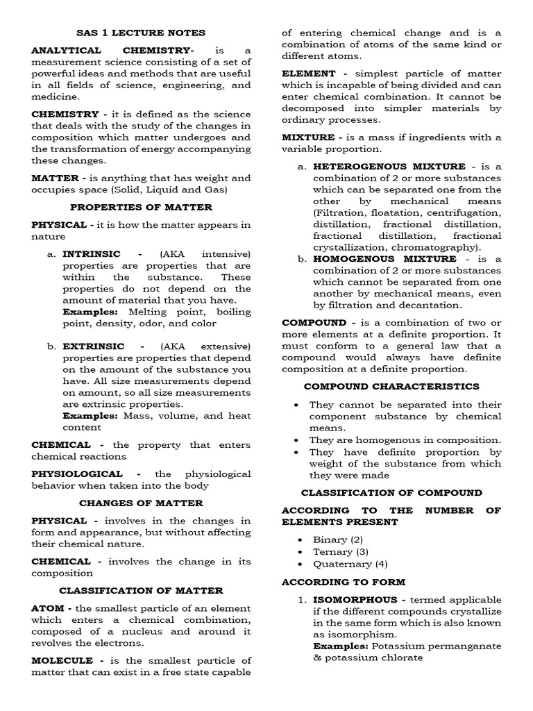 Lecture Notes Sas 1 Sas 5 | PDF | Atoms | Chemistry