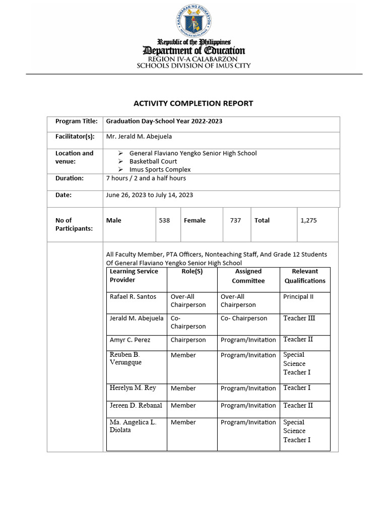 Narative Report - Graduation | PDF