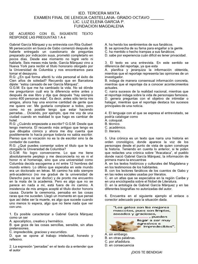 Examen Final Lenguaje 8 | PDF | Gabriel García Márquez