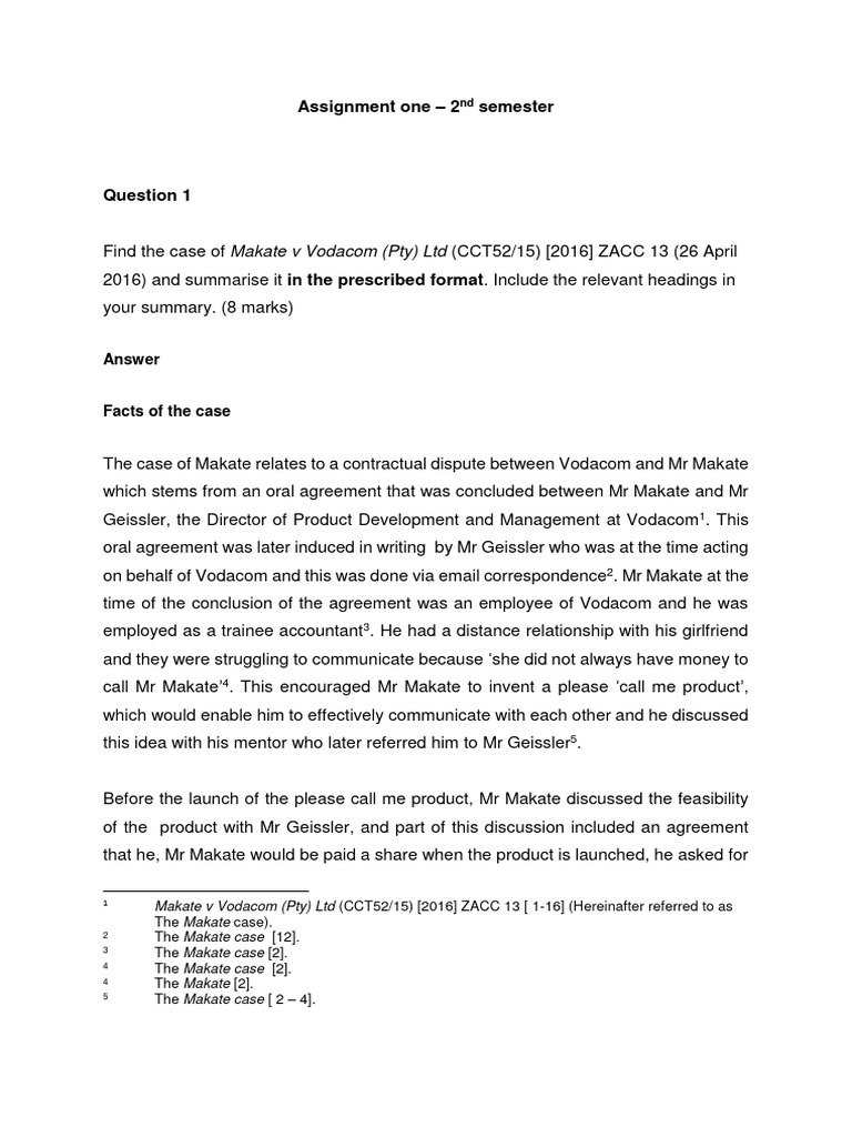 Example - Case Summary - Makate - Vodacom | PDF | Civil Law (Legal ...