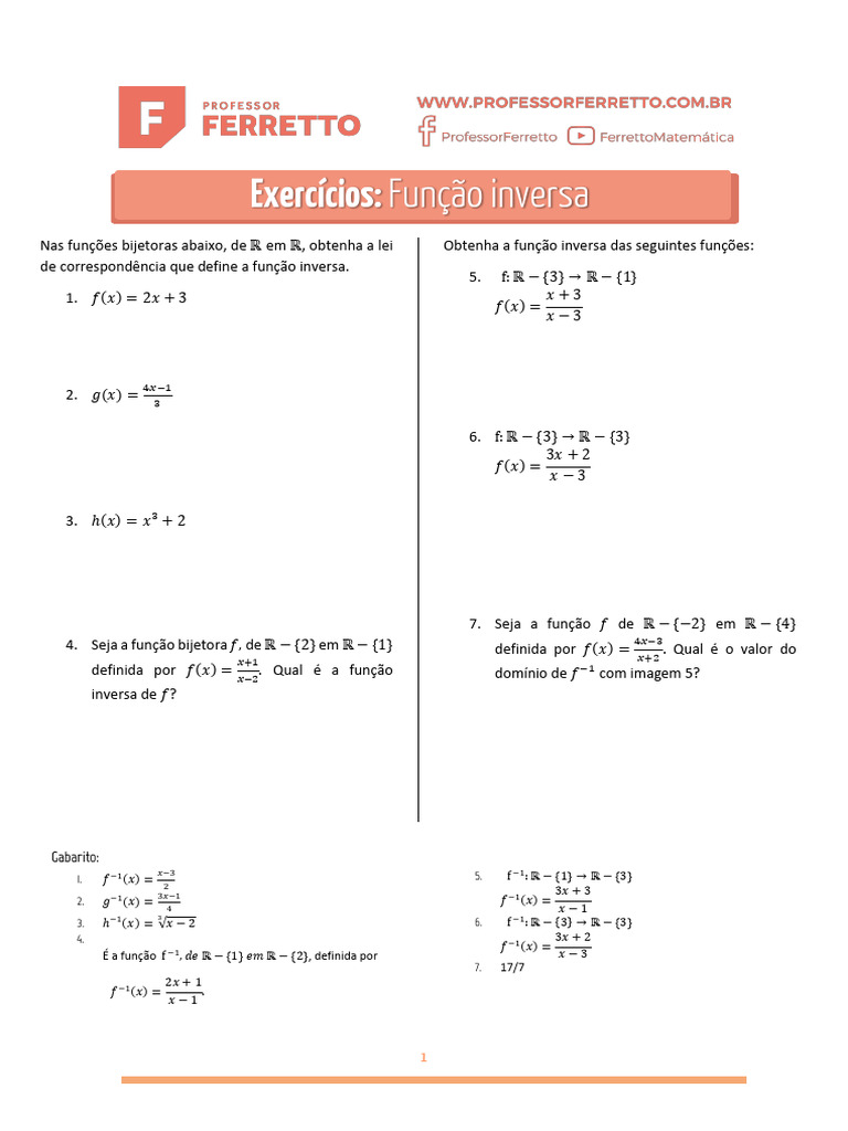 Função inversa - Exercicios | PDF | Função (Matemática) | Analise ...