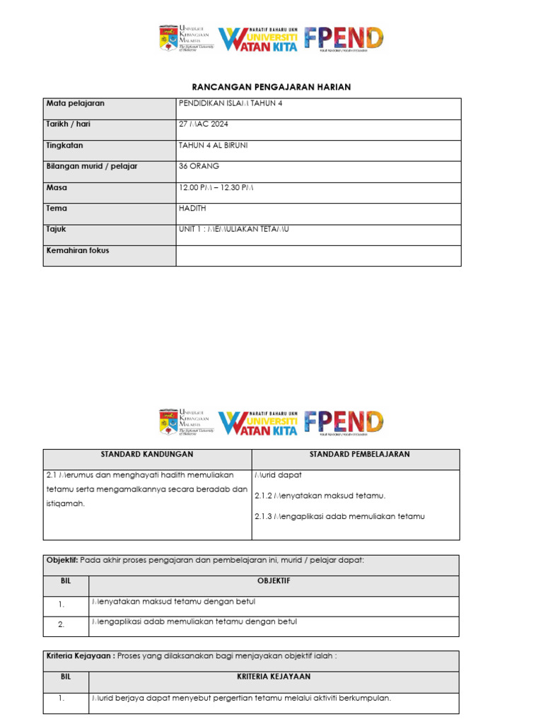 Templat RPH Fpend - Kursus Kaedah Mengajar Tetamu | PDF | Seni ...