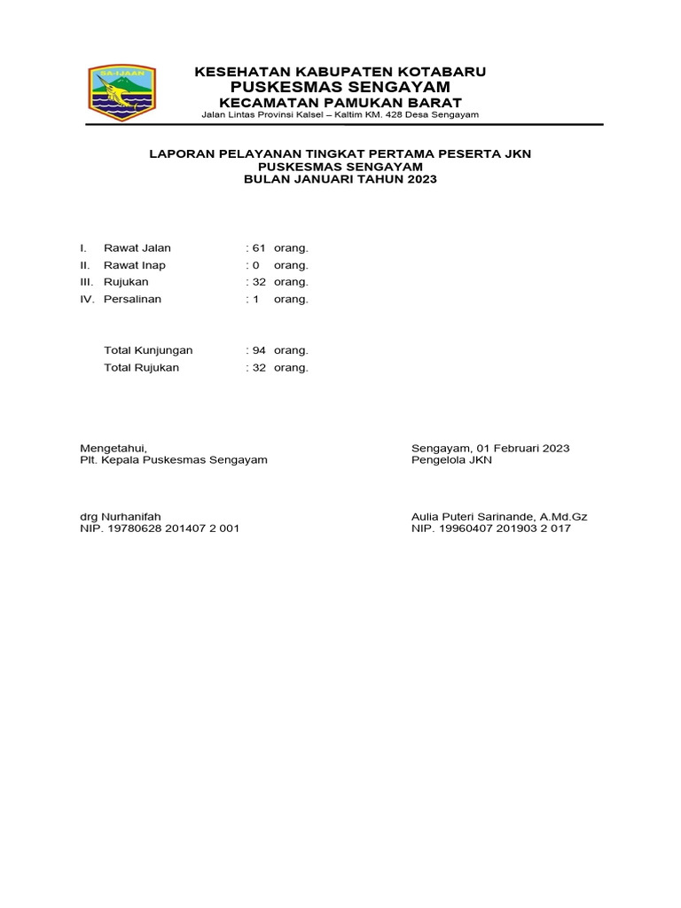 Laporan Kunjungan JKN & 10 Penyakit Terbanyak 2023 PKM SENGAYAM | PDF
