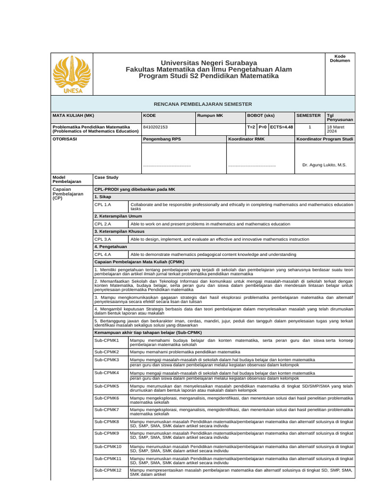 RPS Problematika Pendidikan Matematika (Problematics of Mathematics Education) | PDF | Metode ...