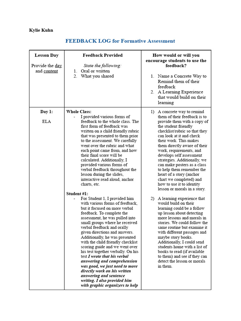elis feedback log for formative assessment | PDF | Learning | Cognition