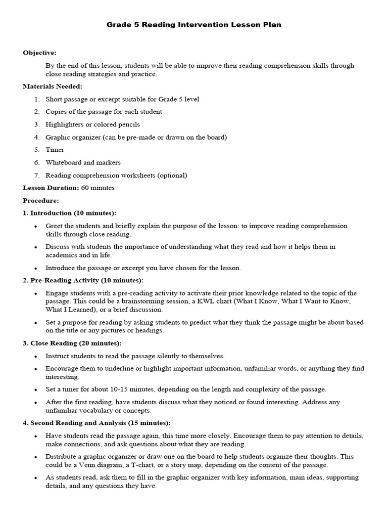 Reading Lesson Plan G5 | PDF | Reading Comprehension | Lesson Plan