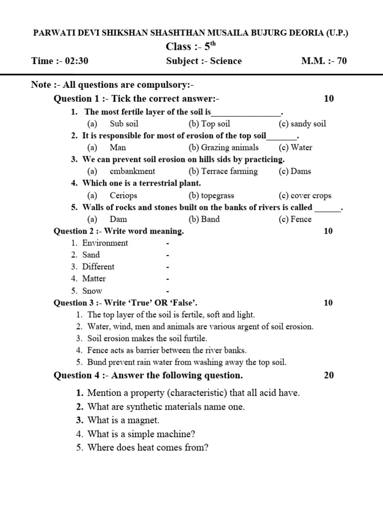 5th Grade Science Quiz | PDF | Science & Mathematics