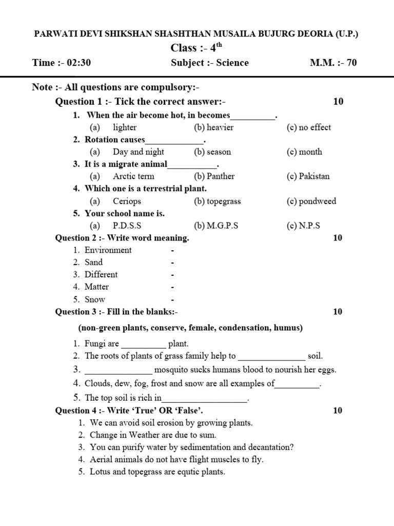 Class 4 Science Exam Paper | PDF | Soil | Earth Sciences