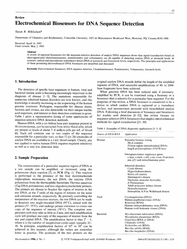 Electrochecmical Biosensors For Dna Sequence Detection Pdf Biosensor Polymerase Chain Reaction 