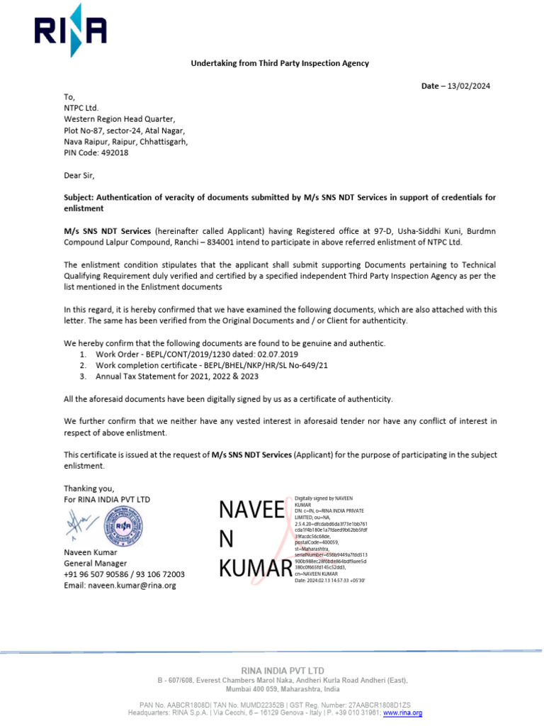 RINA Certification For Tender Doc Certification - SNS - NDT | PDF ...