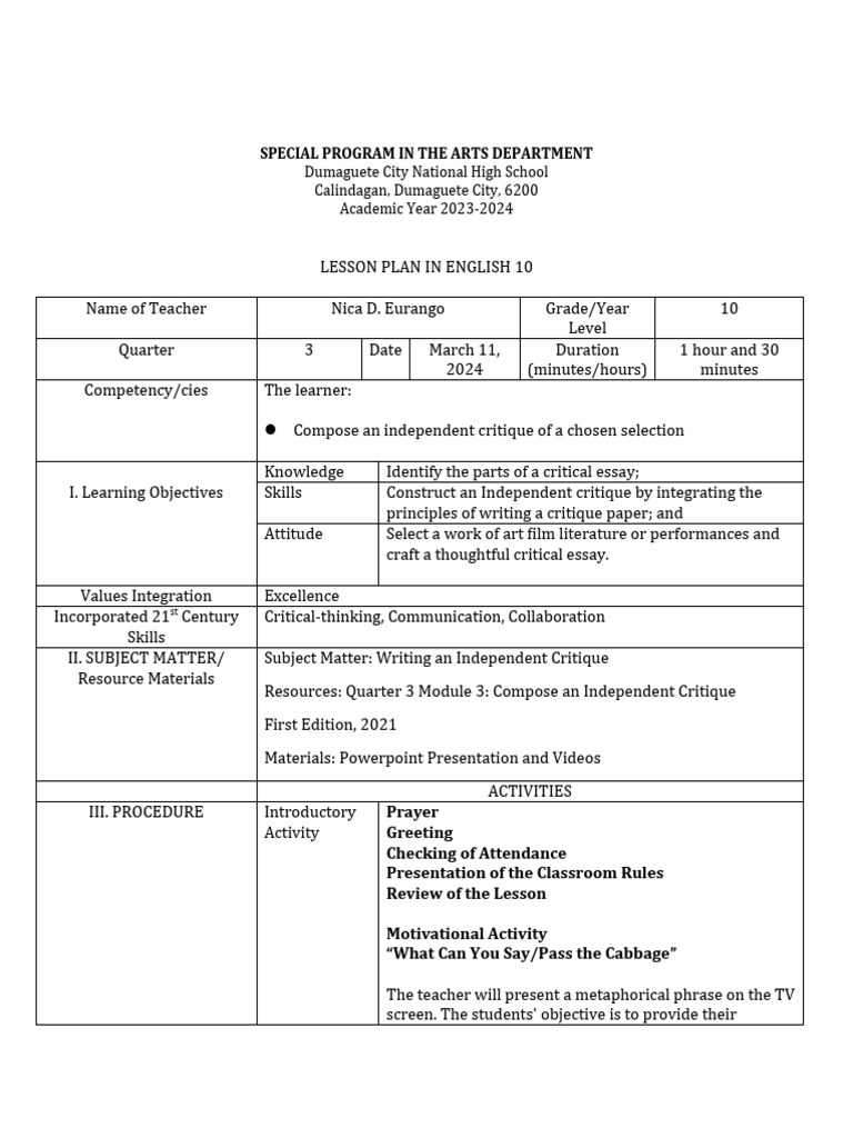 1ST Lesson Plan in English 10 - Writing An Independent Critique | PDF ...