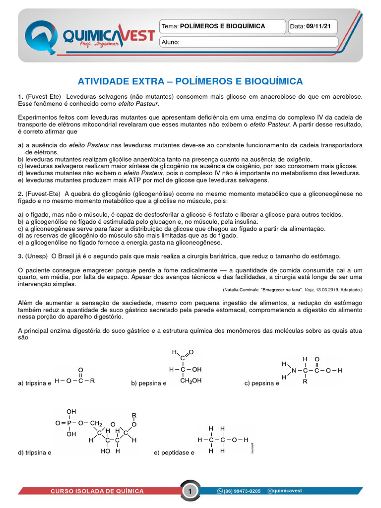 Atividade Extra - Episódio 20 - Bioquímica e Polímeros | PDF | Lipídio | Éster