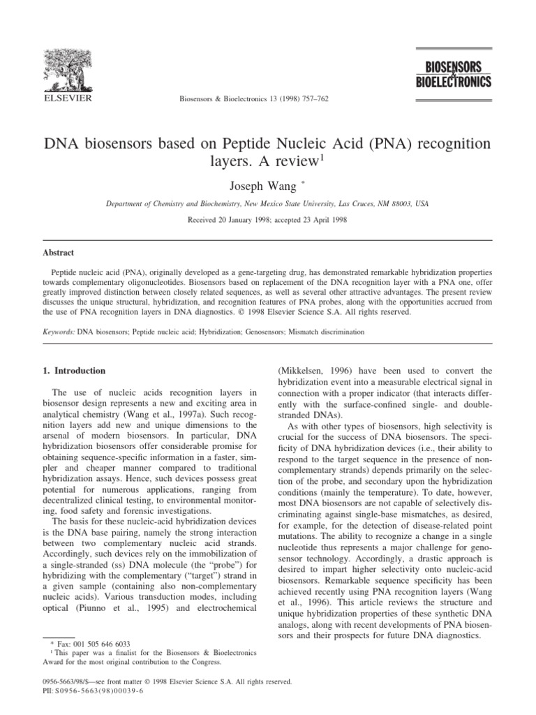 DNA Biosensors Based On Peptide Nucleic Acid PNA Recognition Layers A Review1 - 1998 ...