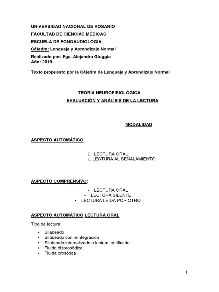 Giuggia A. Evaluación y Análisis de La Lectura. Teoría Neurofisológica ...