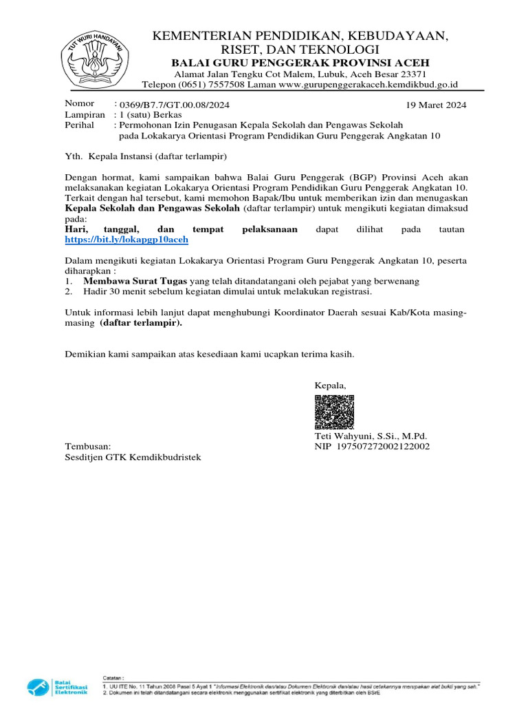 Izin Penugasan Lokakarya BGP Aceh | PDF