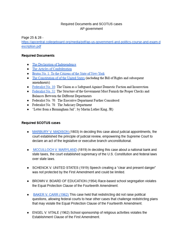 Required Docs & SCOTUS Cases - AP Govt | PDF | Fourteenth Amendment To ...