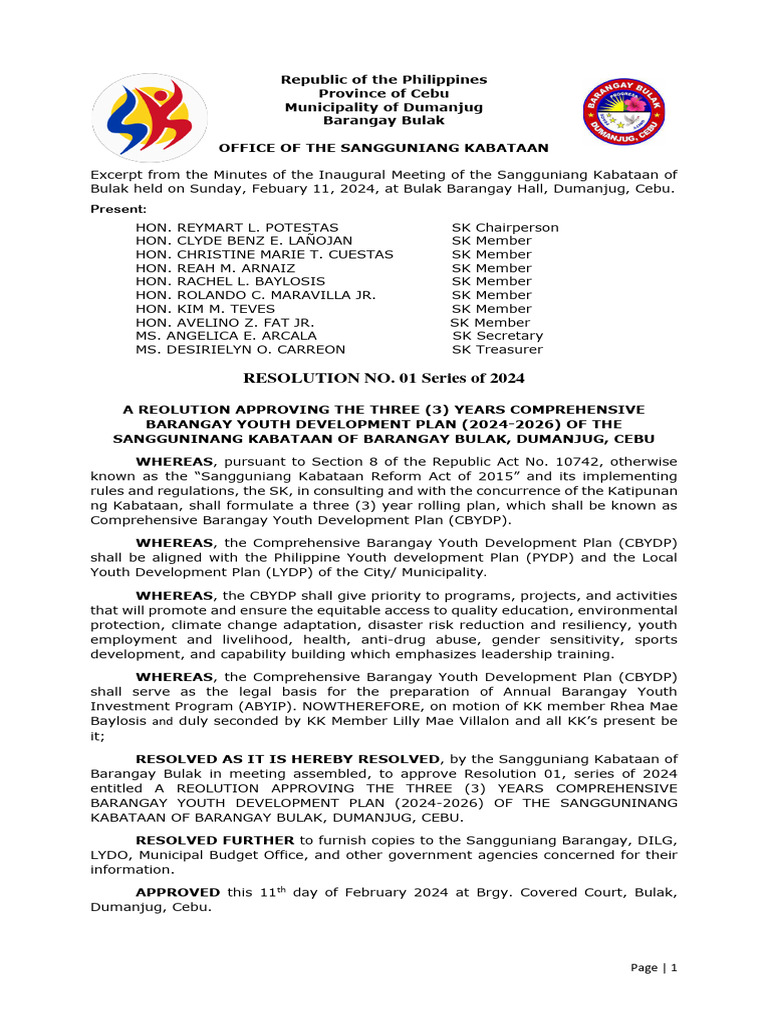 Resolution No. 1 CBYDP 2024 | PDF