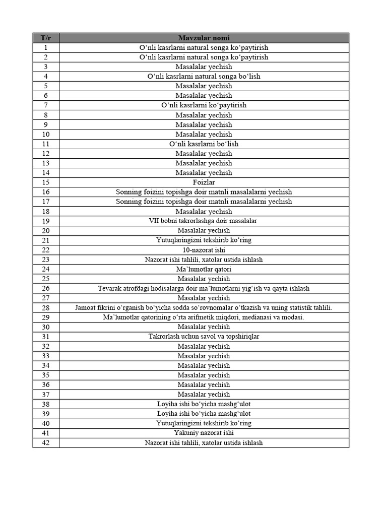 5-Sinf Matematika 4-Chorak @E - Baza - Ishreja | PDF