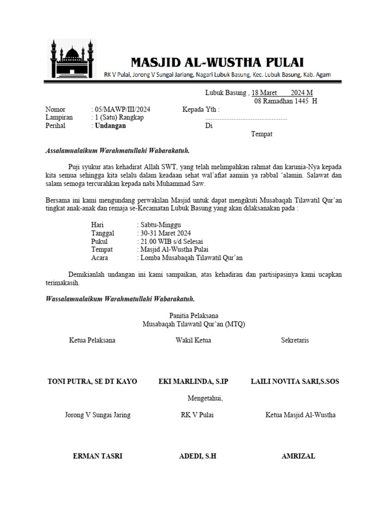 Undangan MTQ Masjid Al-Wustha | PDF