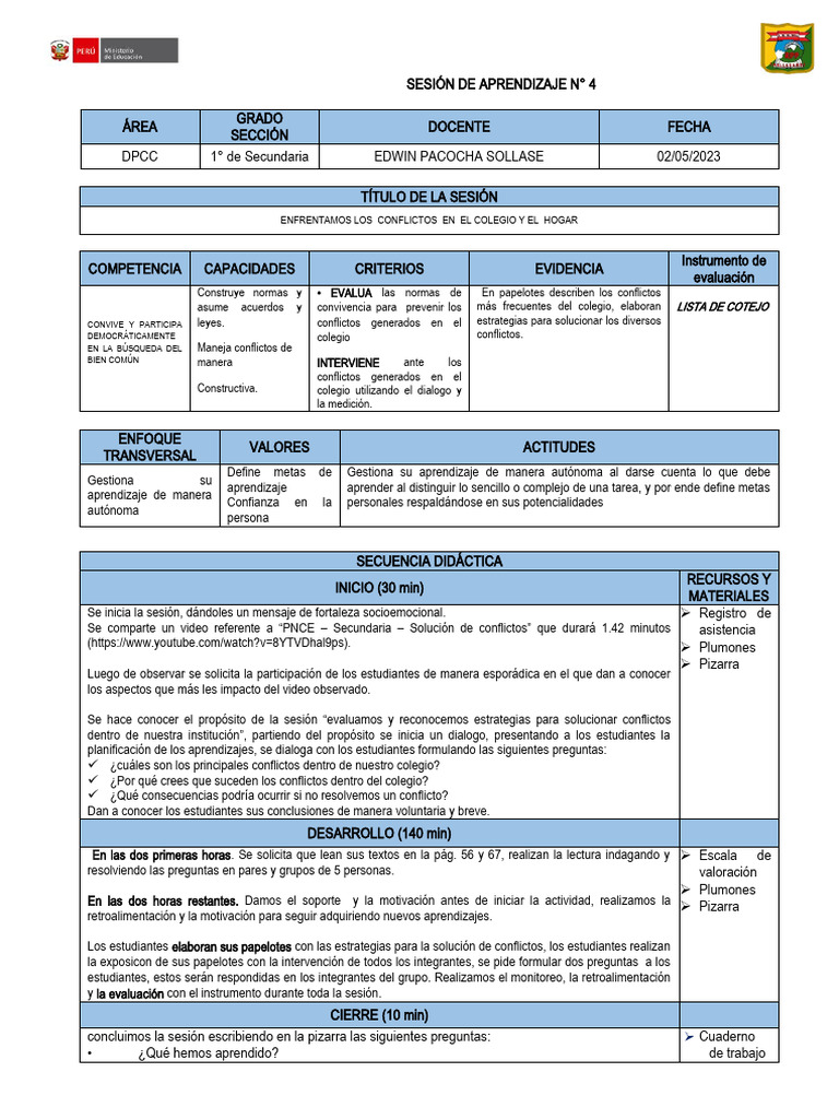 Sesion de Aprendizaje - DPCC 1° - #4 | PDF | Aprendizaje | Evaluación