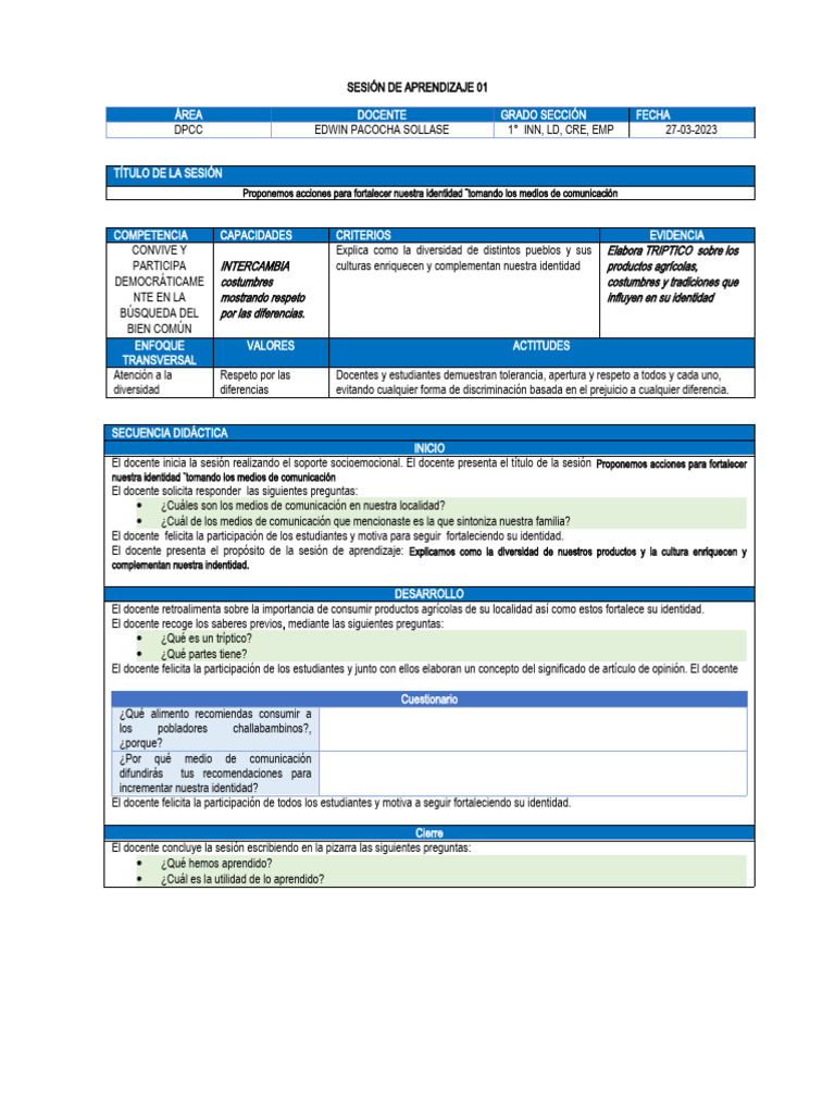 Sesión de Aprendizaje-Dpcc 1° - #3 | PDF