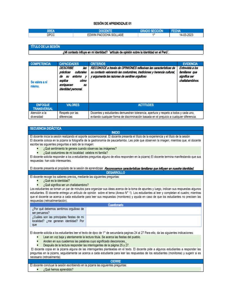 Sesión de Aprendizaje-Dpcc 1° - #1 | PDF | Aprendizaje