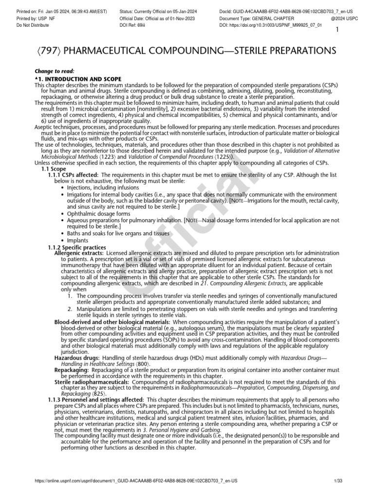 〈797〉 Pharmaceutical Compounding-Sterile Preparations | PDF | Allergen | Pharmacy