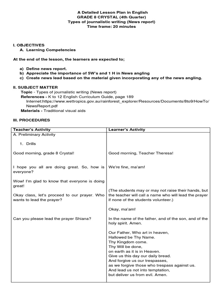 Grade 8 News Writing Lesson | PDF | News | Lord's Prayer