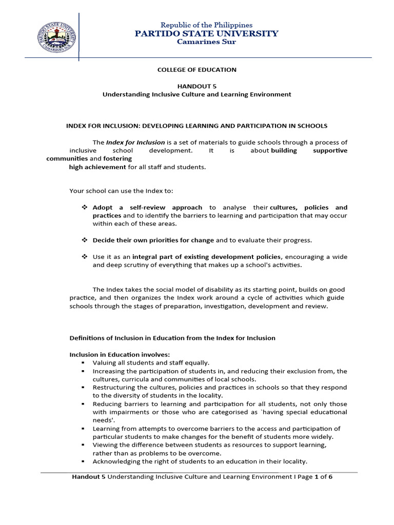 Handout 5 Understanding Inclusive Culture Learning Environment | PDF ...