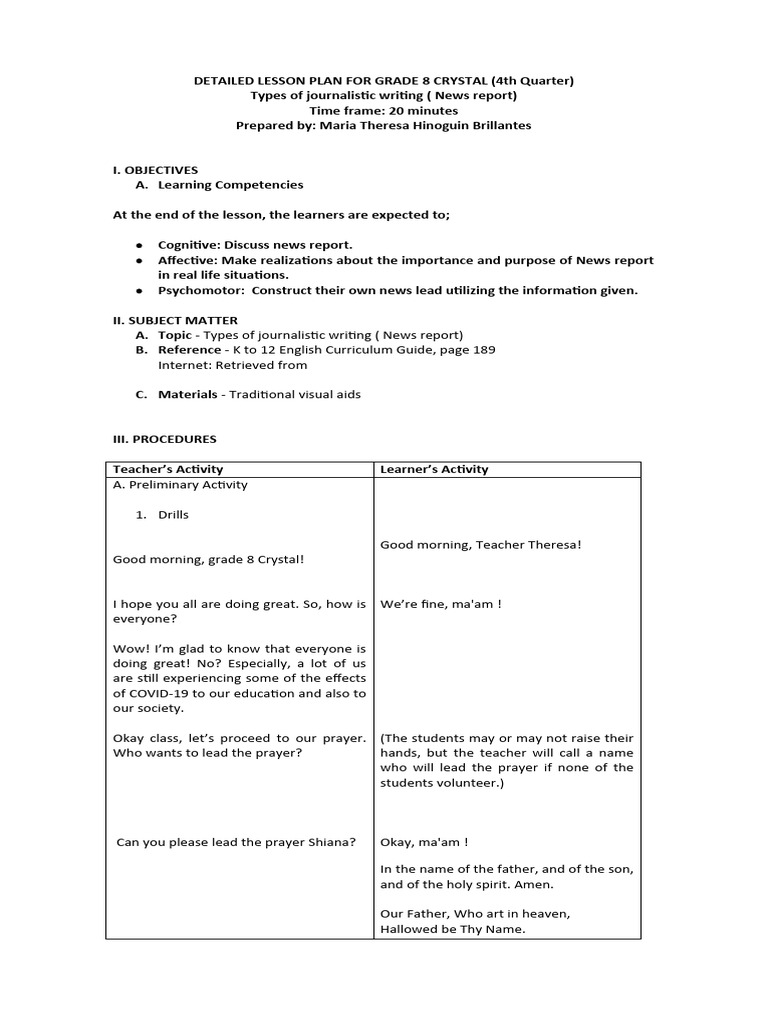 Grade 8 News Report Writing Lesson | PDF | News | Lesson Plan