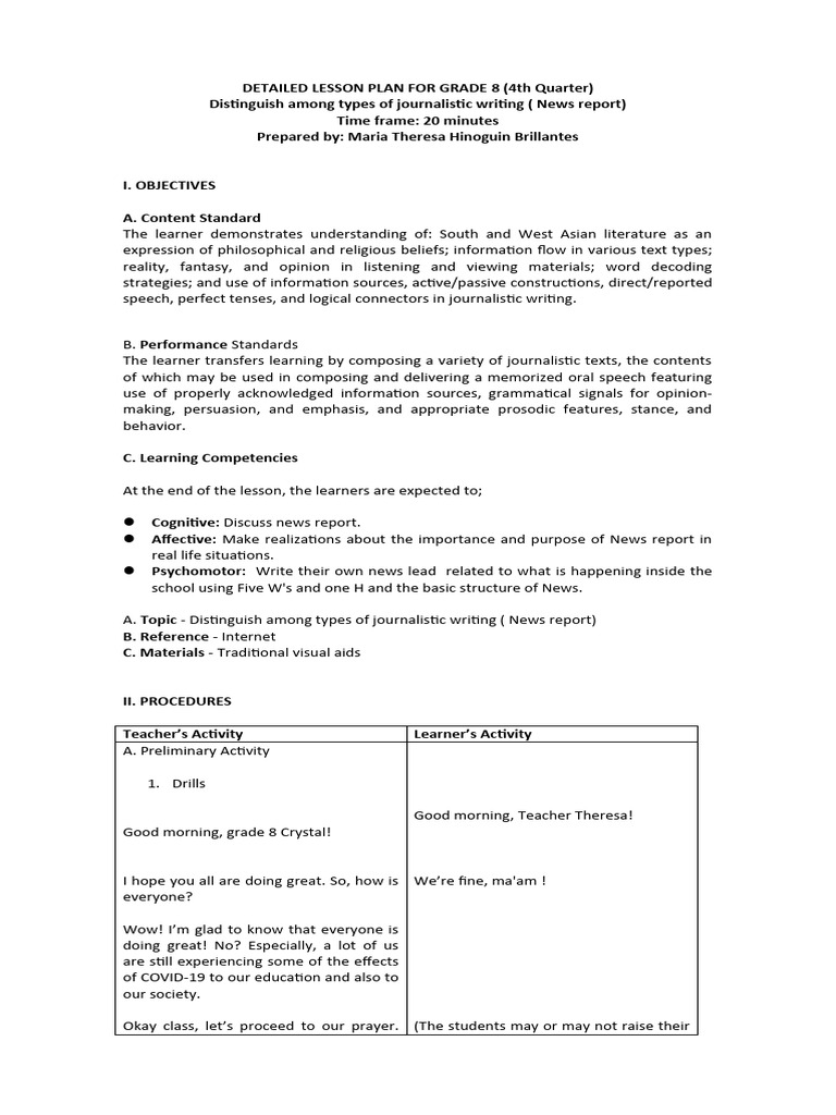 Grade 8 Detailed Lesson Plan: News Reports | PDF | Lord's Prayer | News