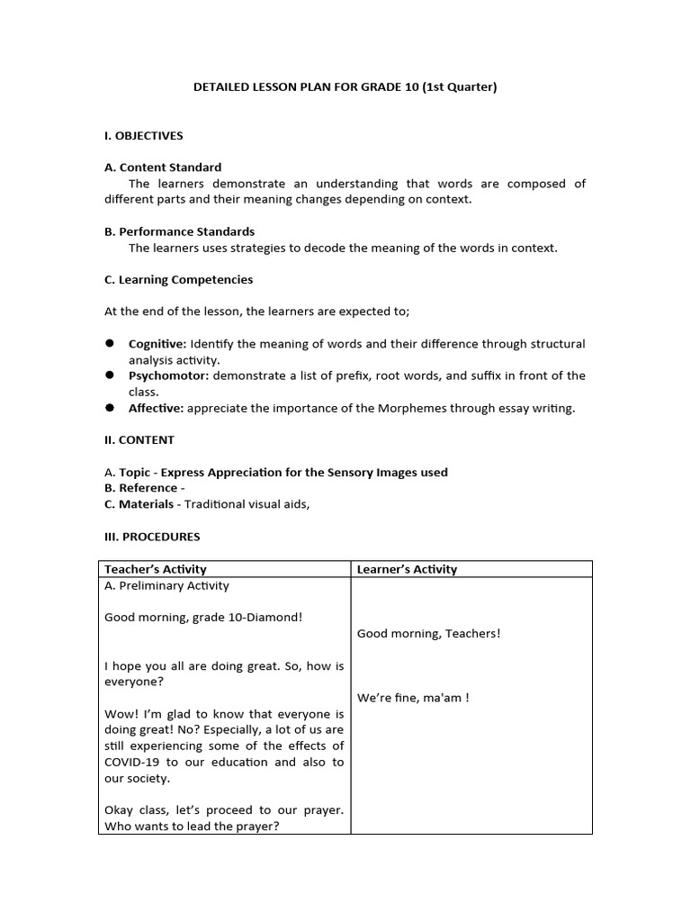 DETAILED LESSON PLAN FOR GRADE 10 - Copy | PDF | Word | Linguistic ...