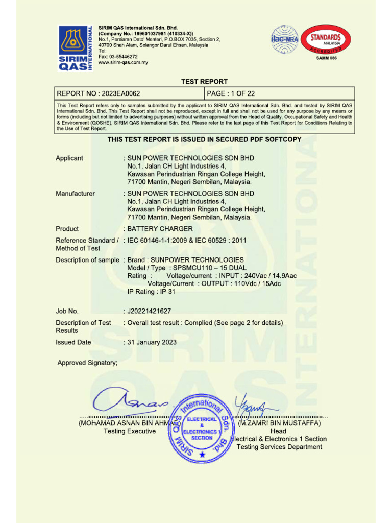 Sirim QAS Report 2023 110V15A Dual | PDF