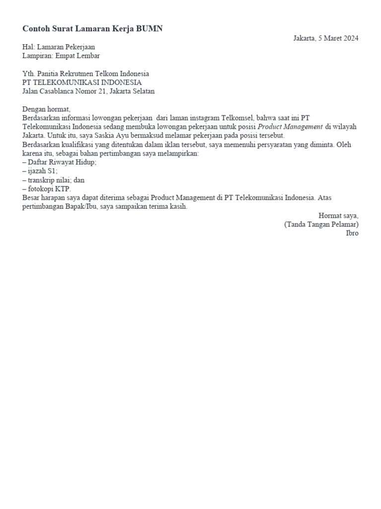 Contoh Surat Lamaran Kerja BUMN | PDF