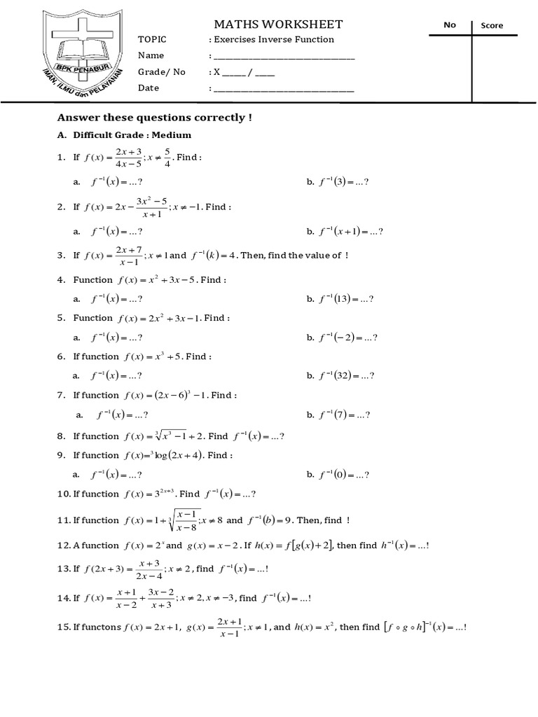 Soal Latihan Fungsi Invers | PDF | Algebra | Mathematics