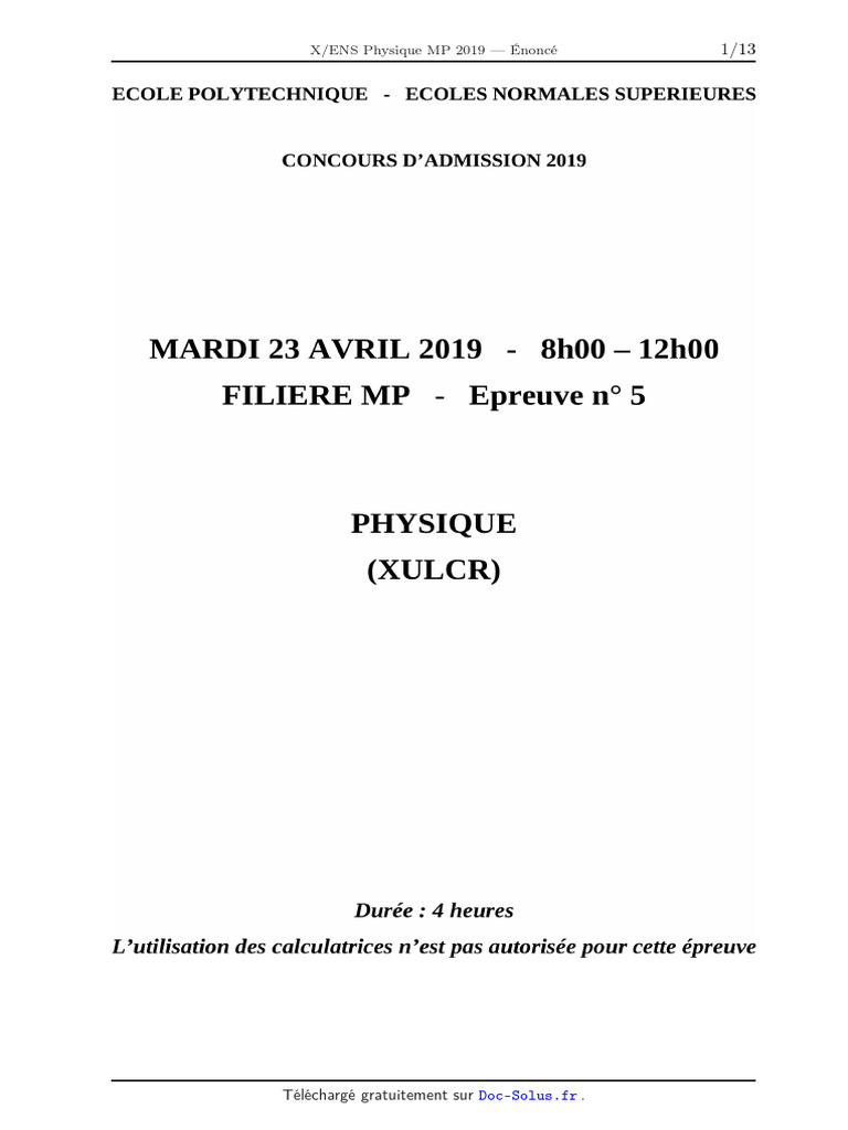 Physique 1 2019 X | PDF