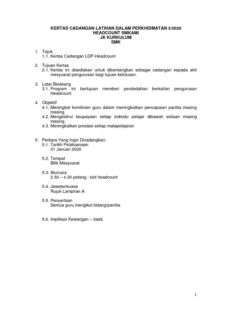 SMK KERTAS KERJA LDP 3 (KURIKULUM) - HEADCOUNT | PDF