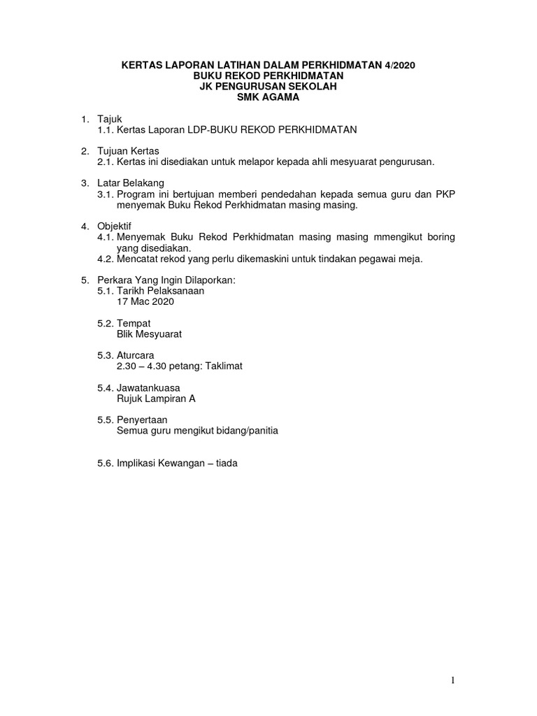 Smk Kertas Laporan Ldp 4 Buku Rekod Perkhidmatan 2020 Pdf