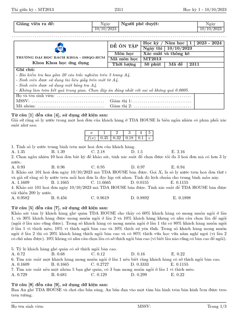 Đề ôn tập XSTK - HK231 | PDF