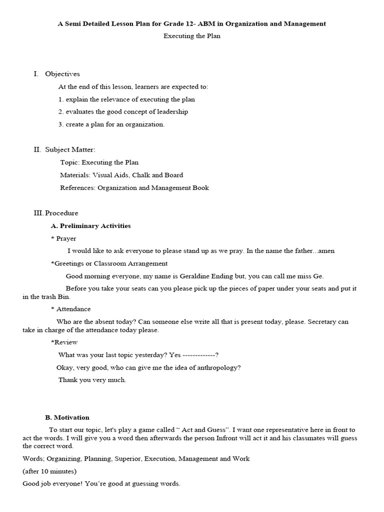 A Semi Detailed Lesson Plan For Grade 12 ABM in Organizatio | PDF ...