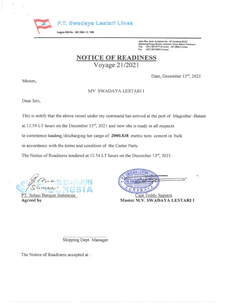 Draft Survey MV SWADAYA LESTARI 1 voy 21 | PDF