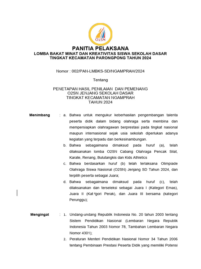 SK Penetapan Juara O2sn 2024 | PDF