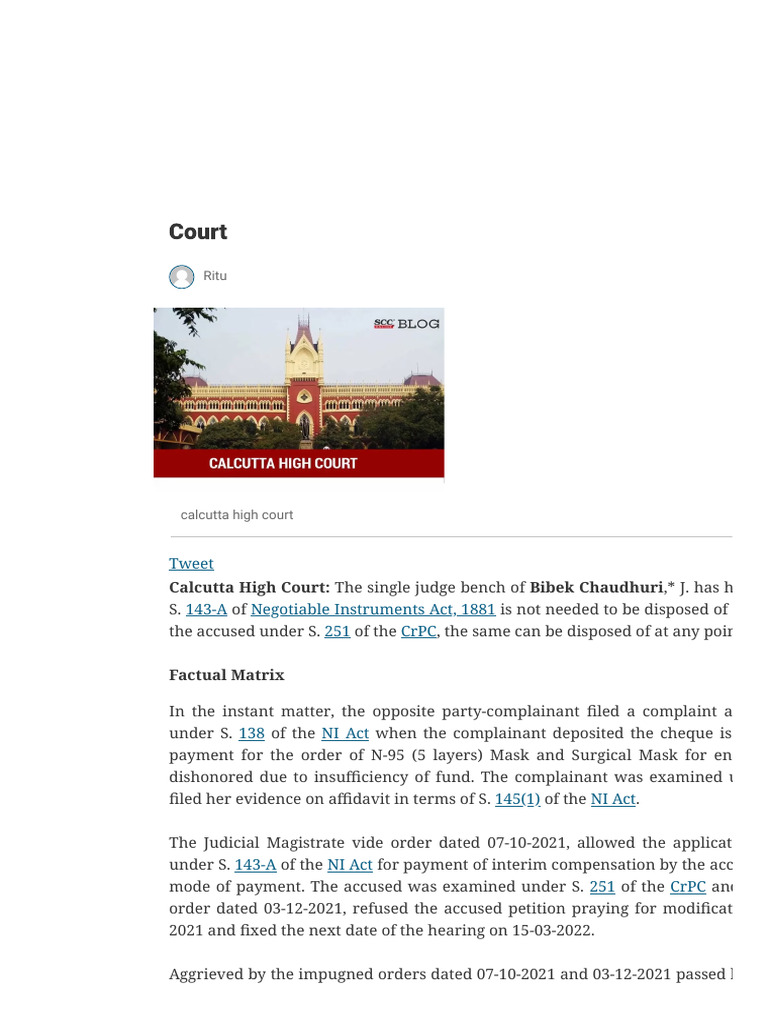 Calcutta HC Ruling on NI Act Cases | PDF