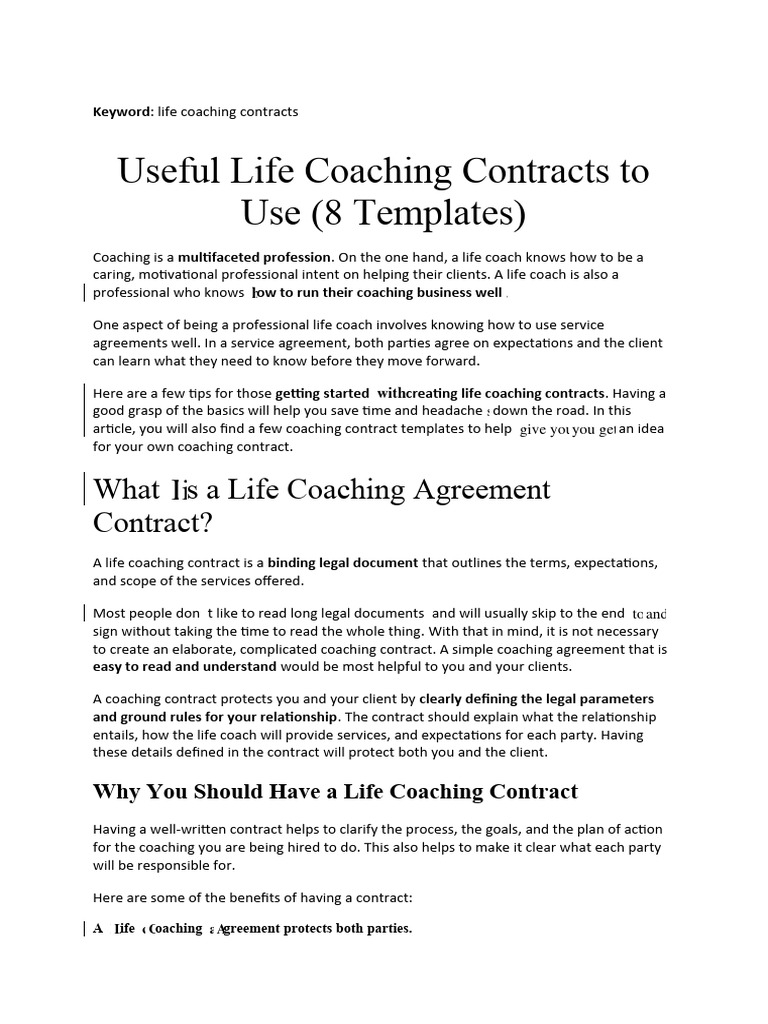 Trafft August Useful Life Coaching Contracts To Use Rewritten | PDF ...