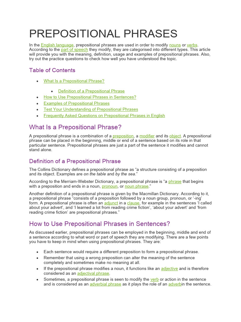 Prepositional Phrases | PDF | English Grammar | Preposition And Postposition